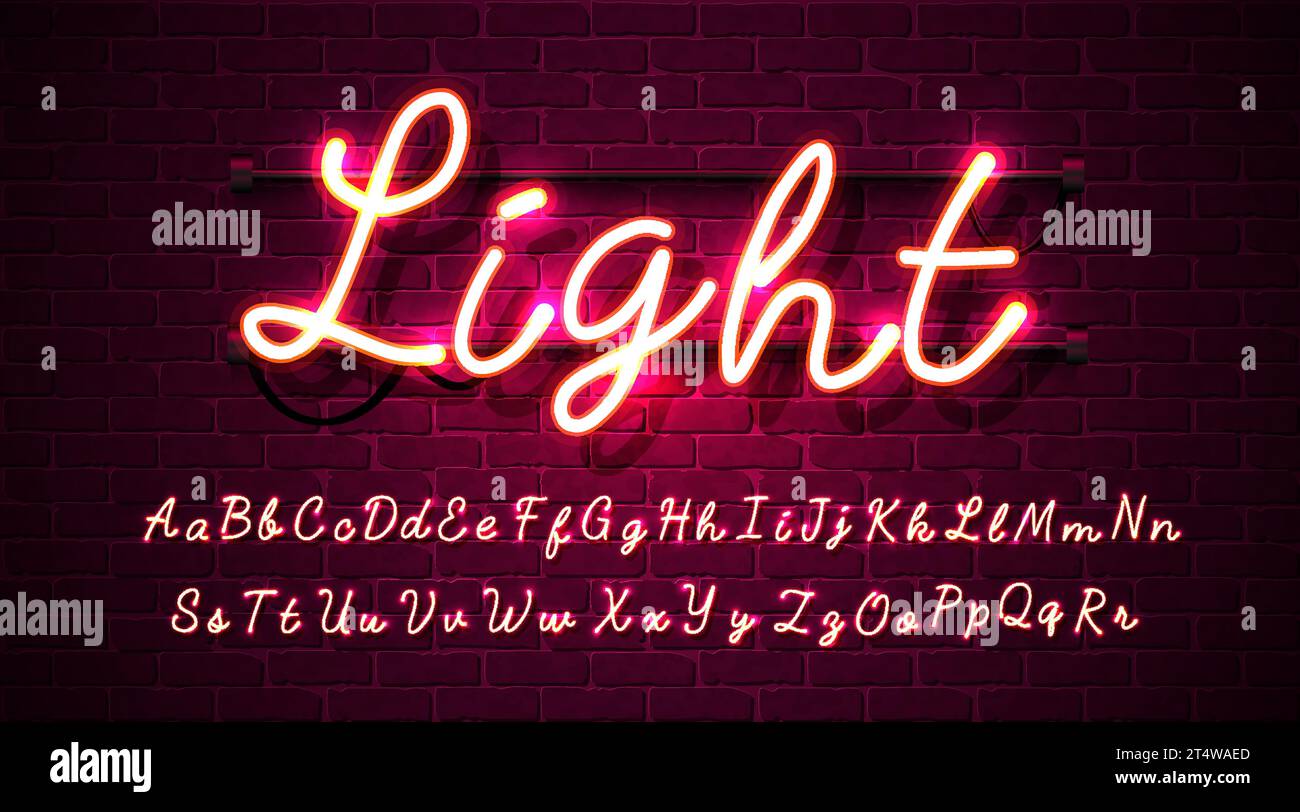 Neon English handwritten alphabet. Retro font. Upper and lower case ...
