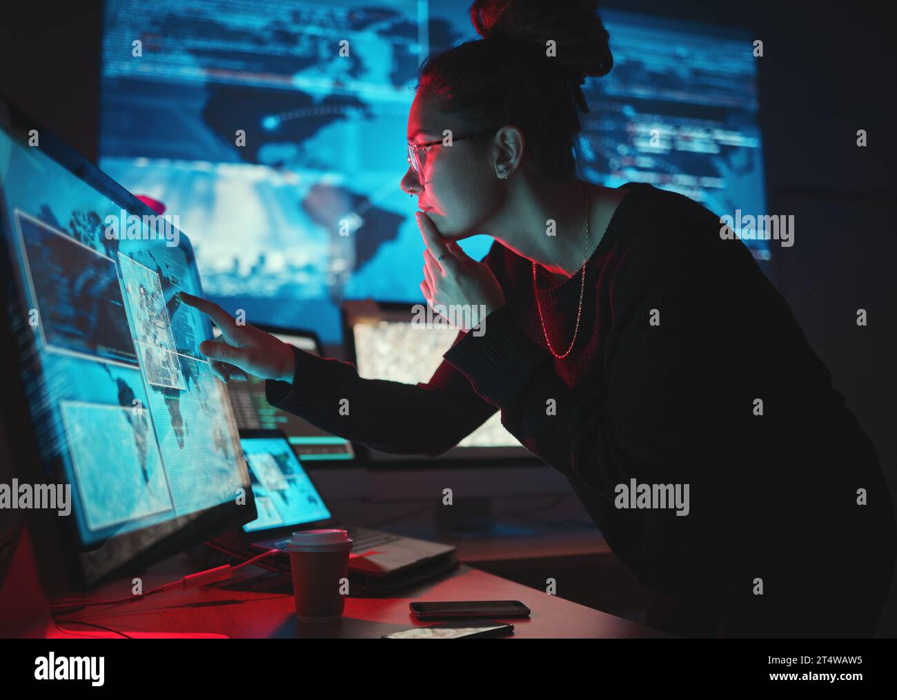 Woman, hacker and pc with thinking, night and ideas for analysis, cyber ...