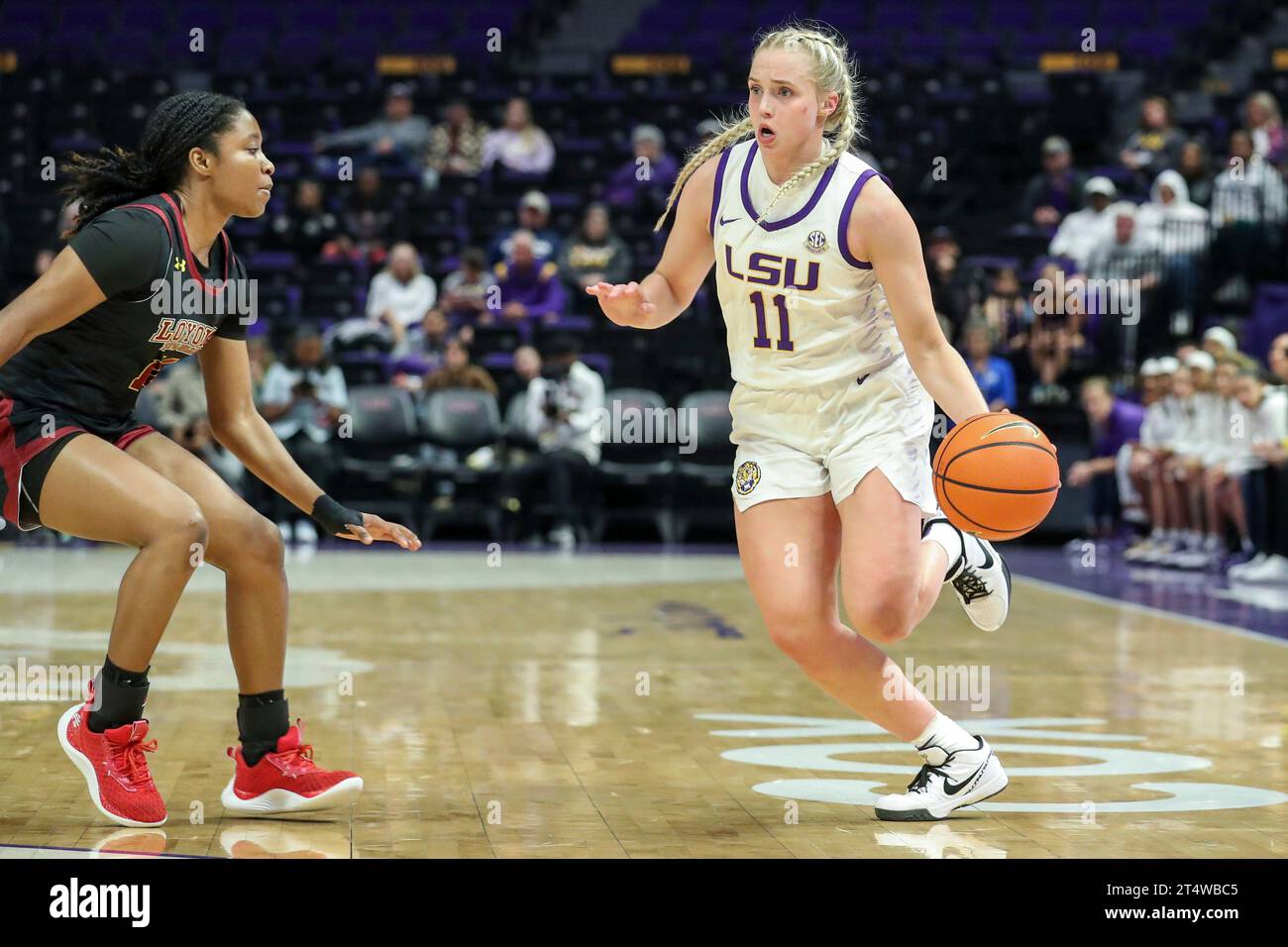 November 01, 2023: LSU's Hailey Van Lith (11) looks for a lane to drive ...