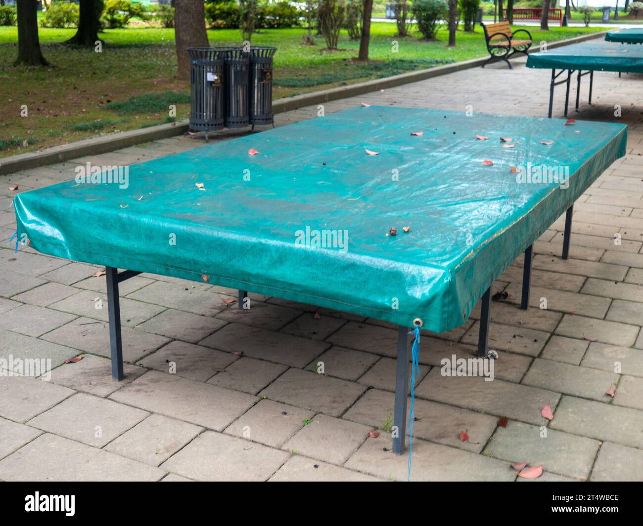 Ping pong tables covered with tarpaulin. Protect mouth from rain. End ...