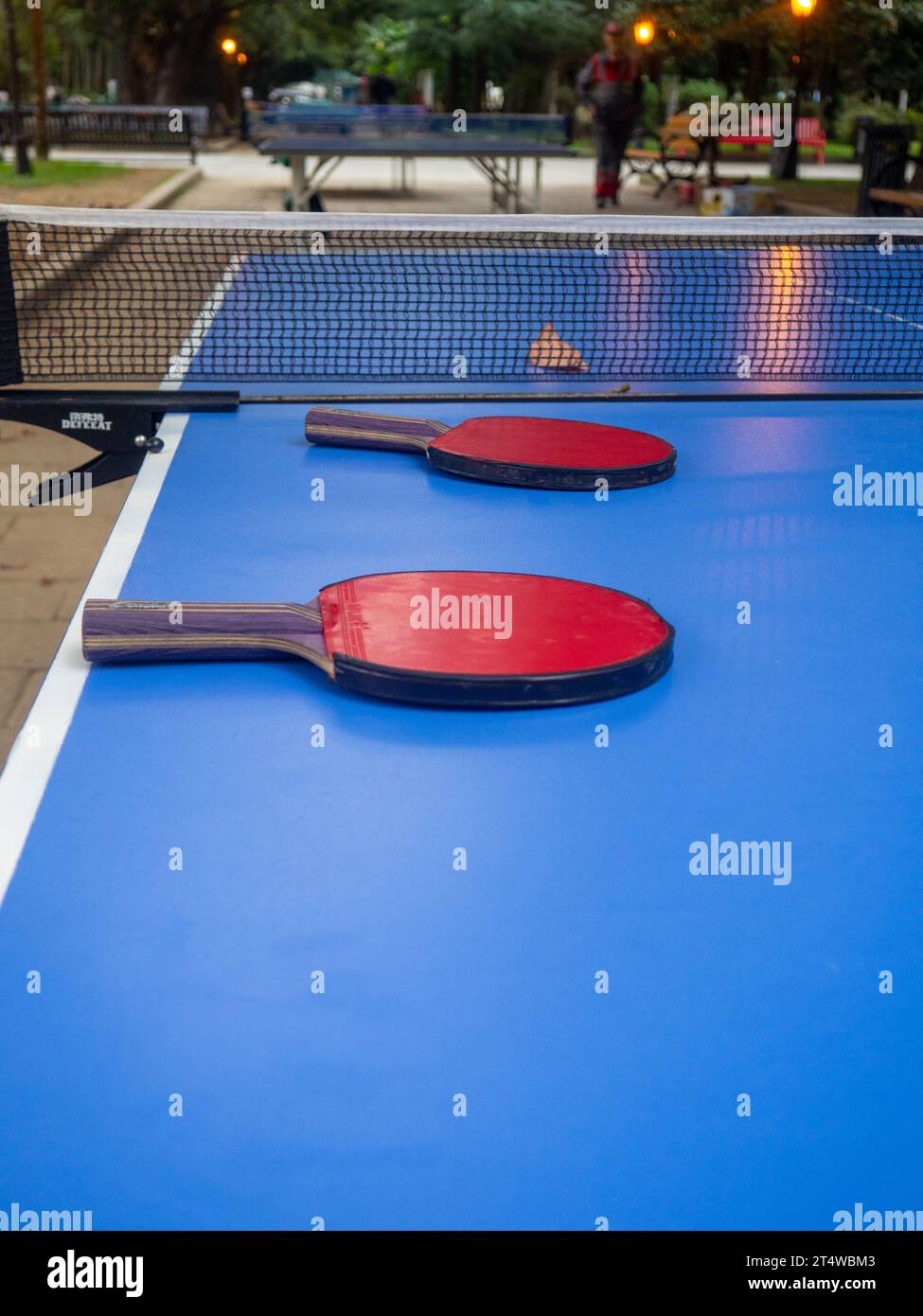Ping pong tables in the park. Table tennis rackets on a table in the ...