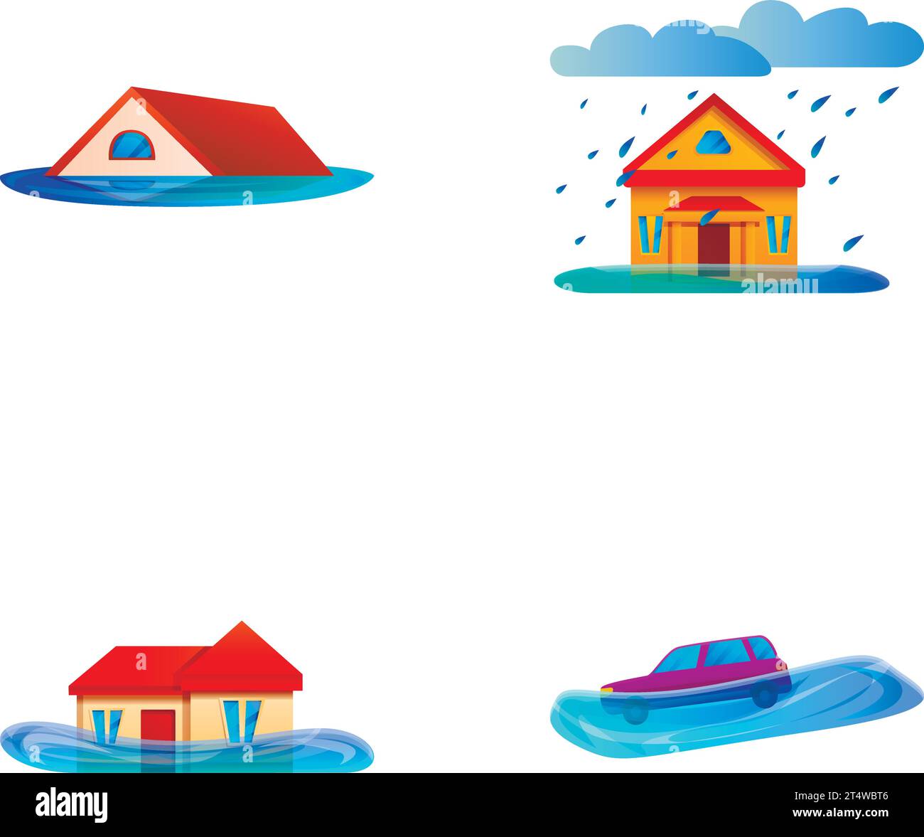 Flood icons set cartoon vector. House and vehicle in water. Natural ...
