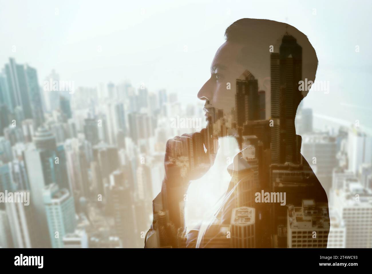 Thinking, double exposure and business man in city with business idea ...