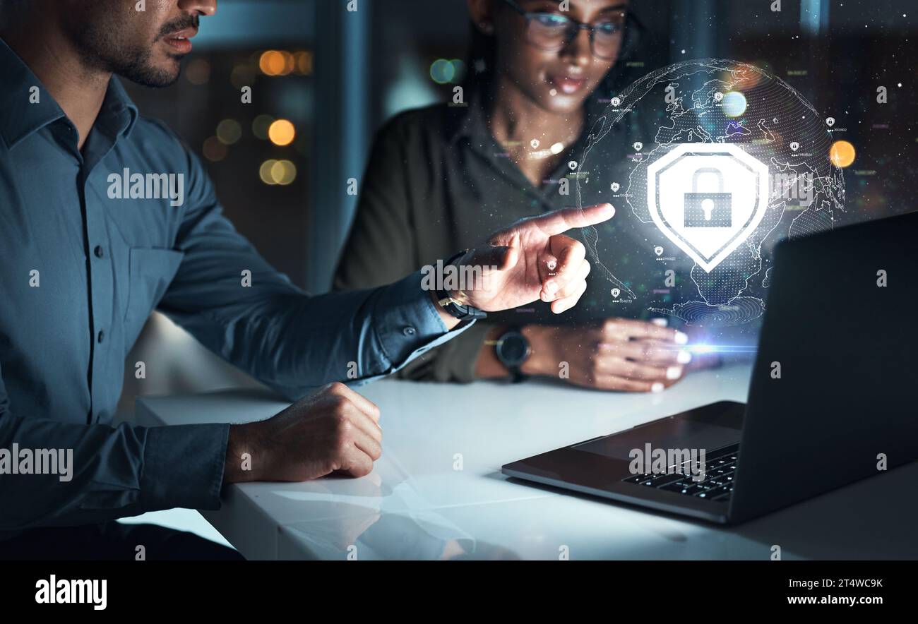 Big data, graphic and cybersecurity team with 3d software design for computer. Security ...