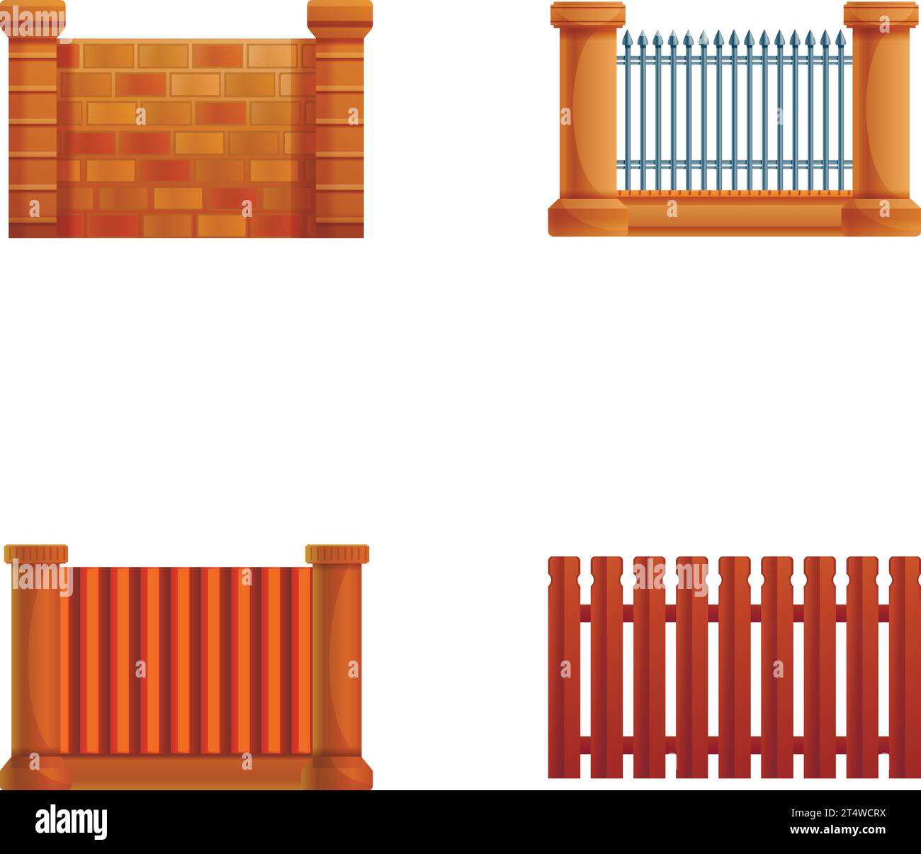 Fence icons set cartoon vector. Stone, metal and wooden fence part ...