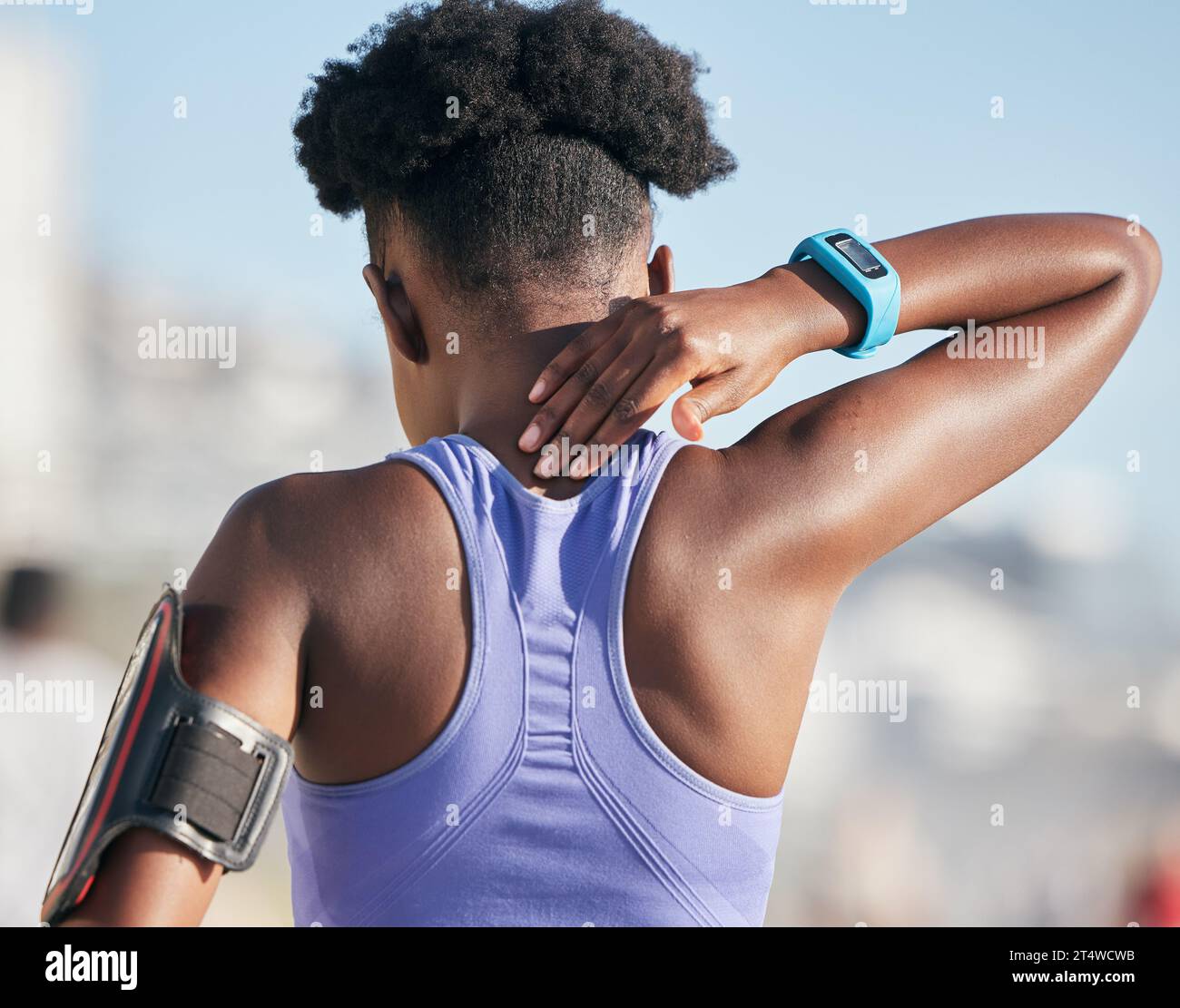 Neck, pain and back of sports woman with injury, joint inflammation and ...