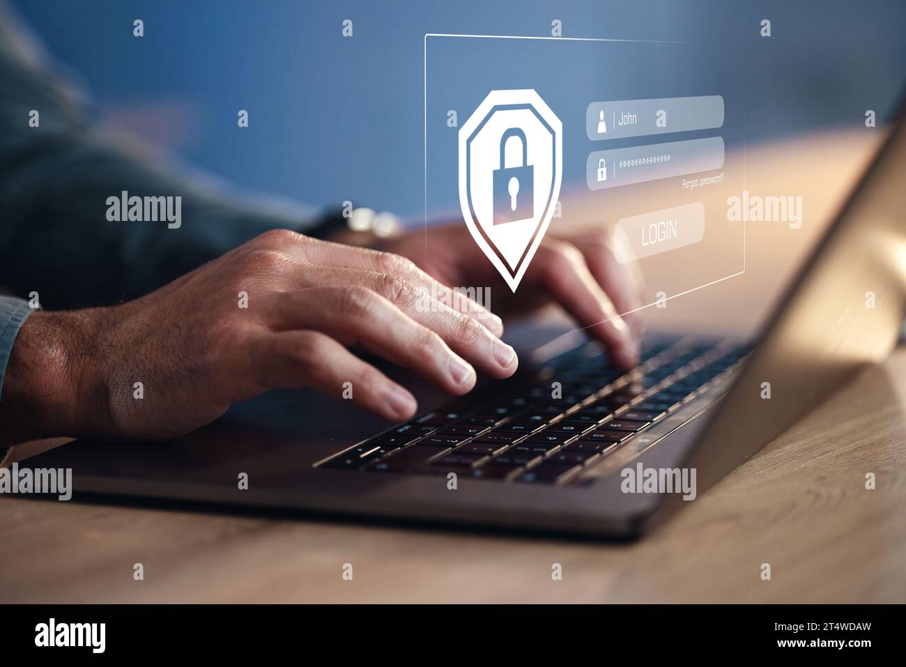 Hands, programmer on laptop and hologram for password login, cyber ...