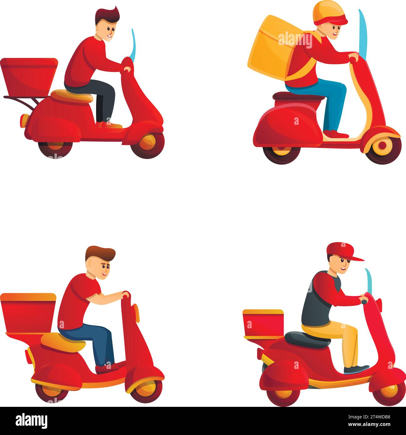 Express delivery icons set cartoon vector. Male courier on motorbike ...