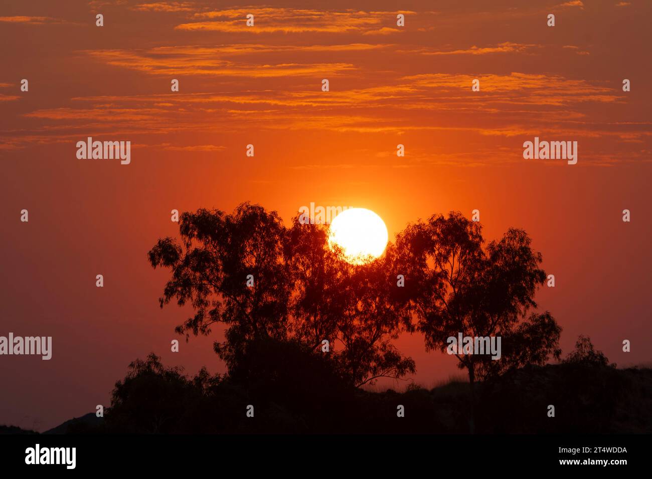 Red sun rising due to the red dust in the atmosphere from nearby mining ...