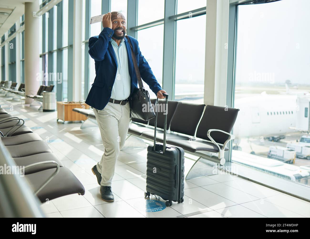 Airport, late and running black man for business flight, plane journey ...