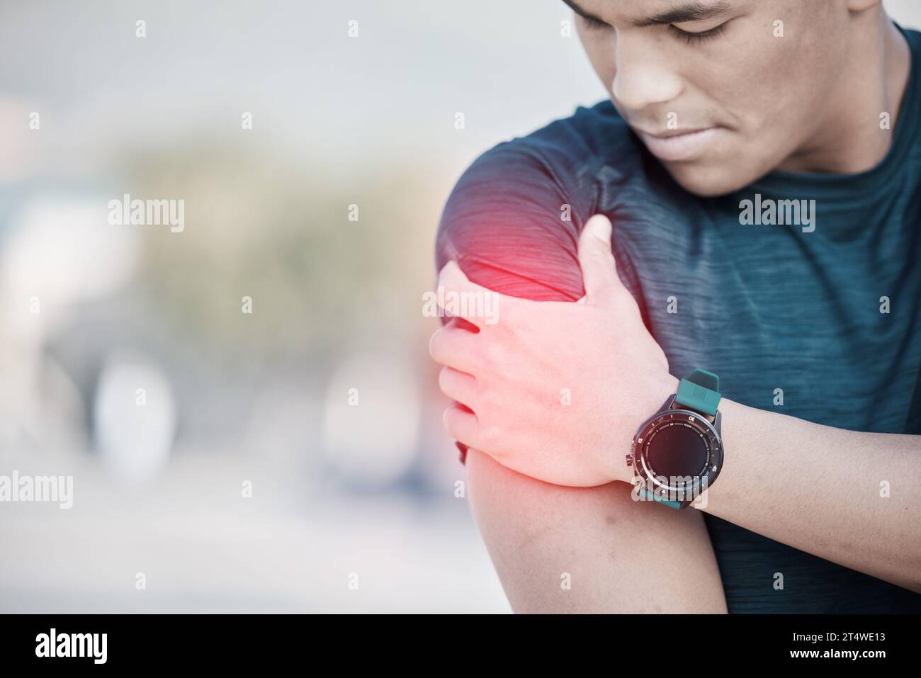 Fitness, man and shoulder pain after training, exercise and guy with ...