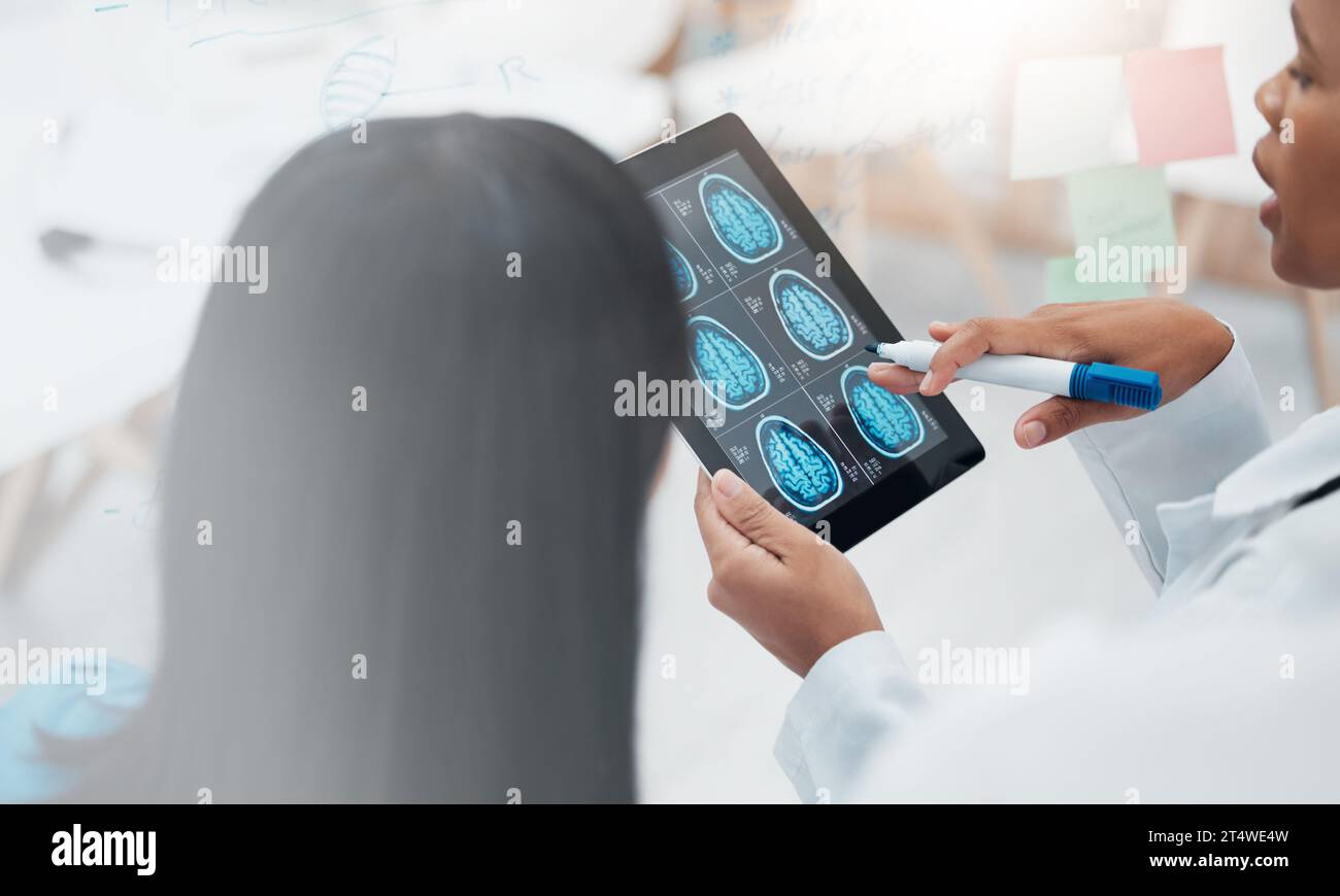 Doctors, tablet screen and neurology mockup team talking healthcare and brain analysis. Medical ...