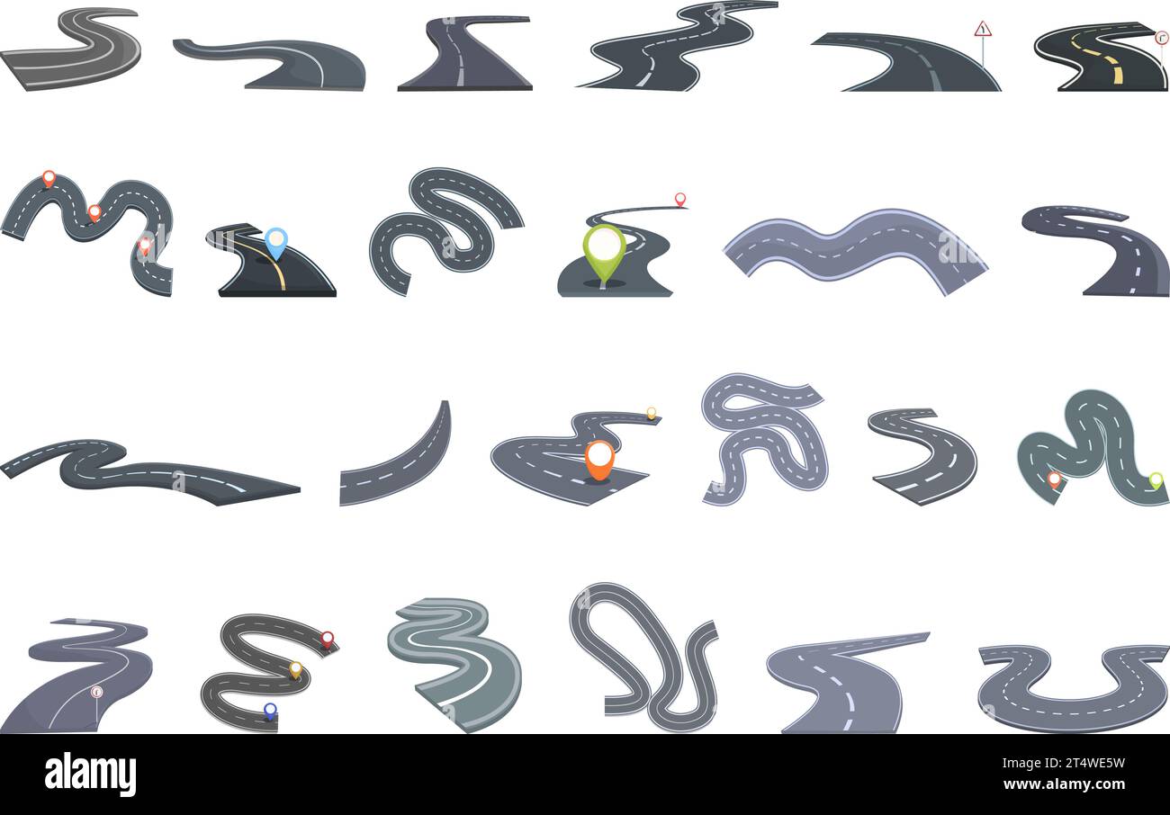Winding road icons set cartoon vector. Vehicle traveling curve. Road ...