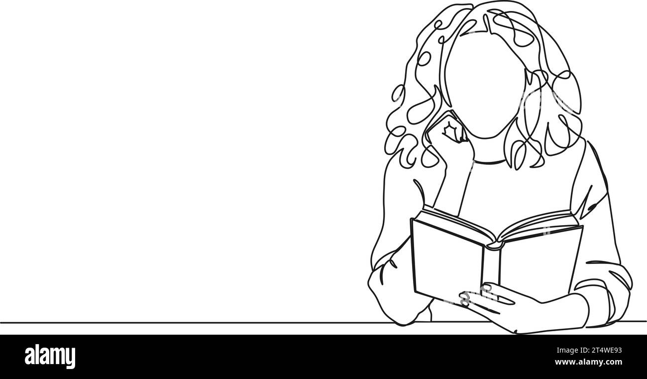 continuous single line drawing of woman reading a book, line art vector ...