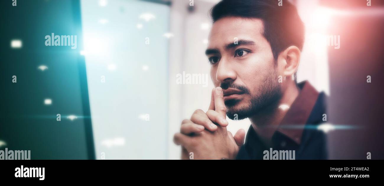 Man, office and night by overlay, thinking and web design innovation by ...