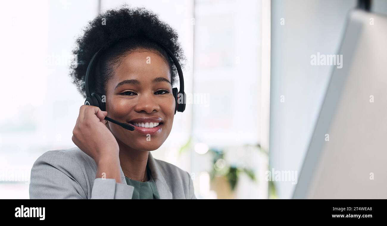 Black woman, call center and smile by computer for telemarketing ...