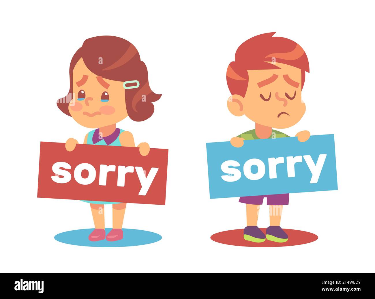 Sad boy and girl hold up sign with word sorry on it. Kids with banners ...