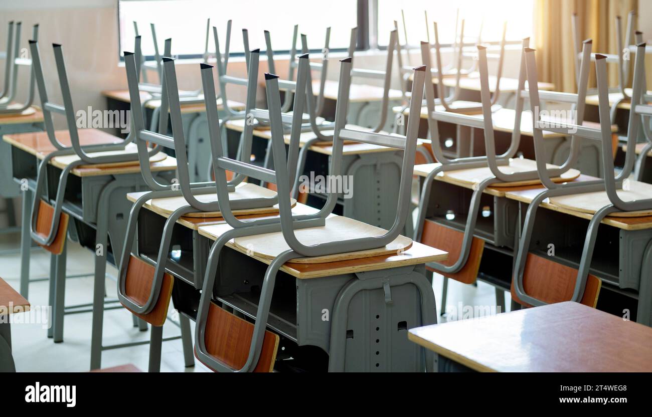 Empty classroom with chairs, desks after cleaning room Stock Photo - Alamy