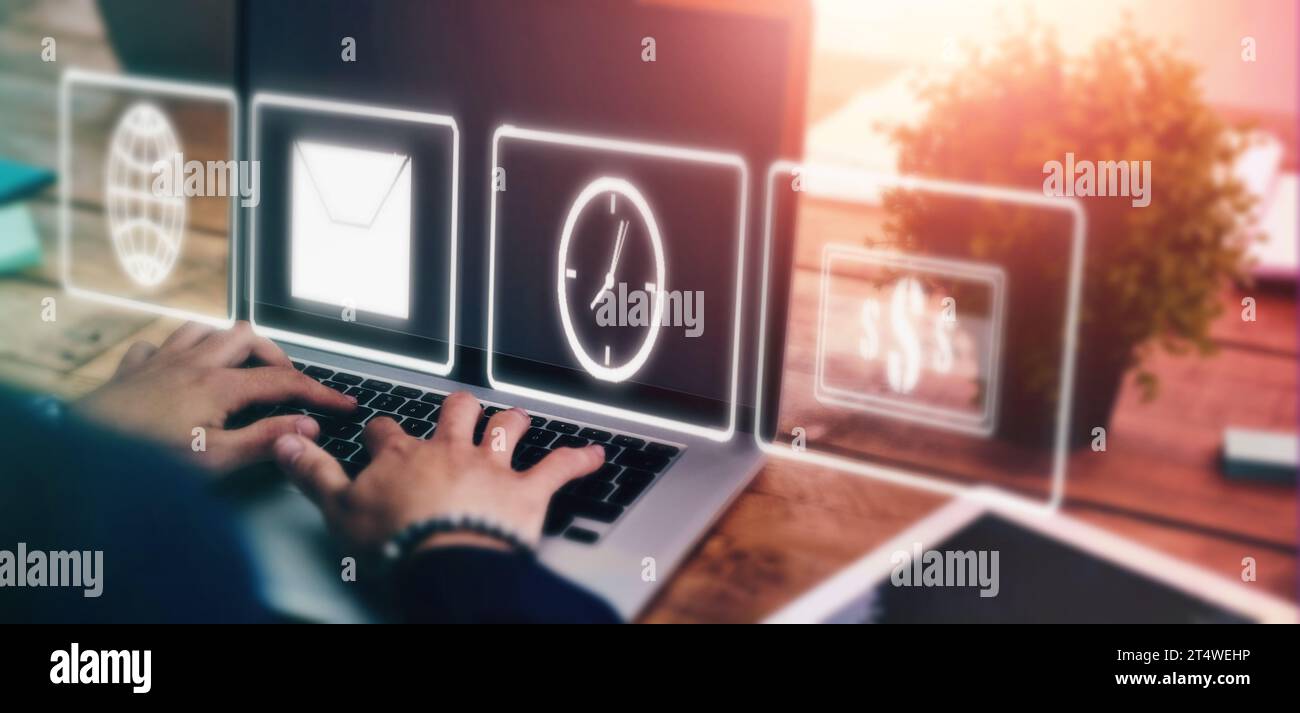 Laptop, icons and hands with digital overlay for networking app, email ...
