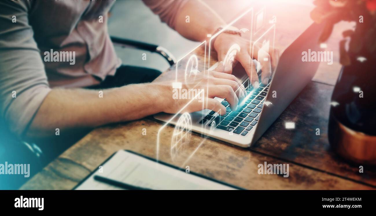 Typing man, hands or laptop hologram in networking cybersecurity ...