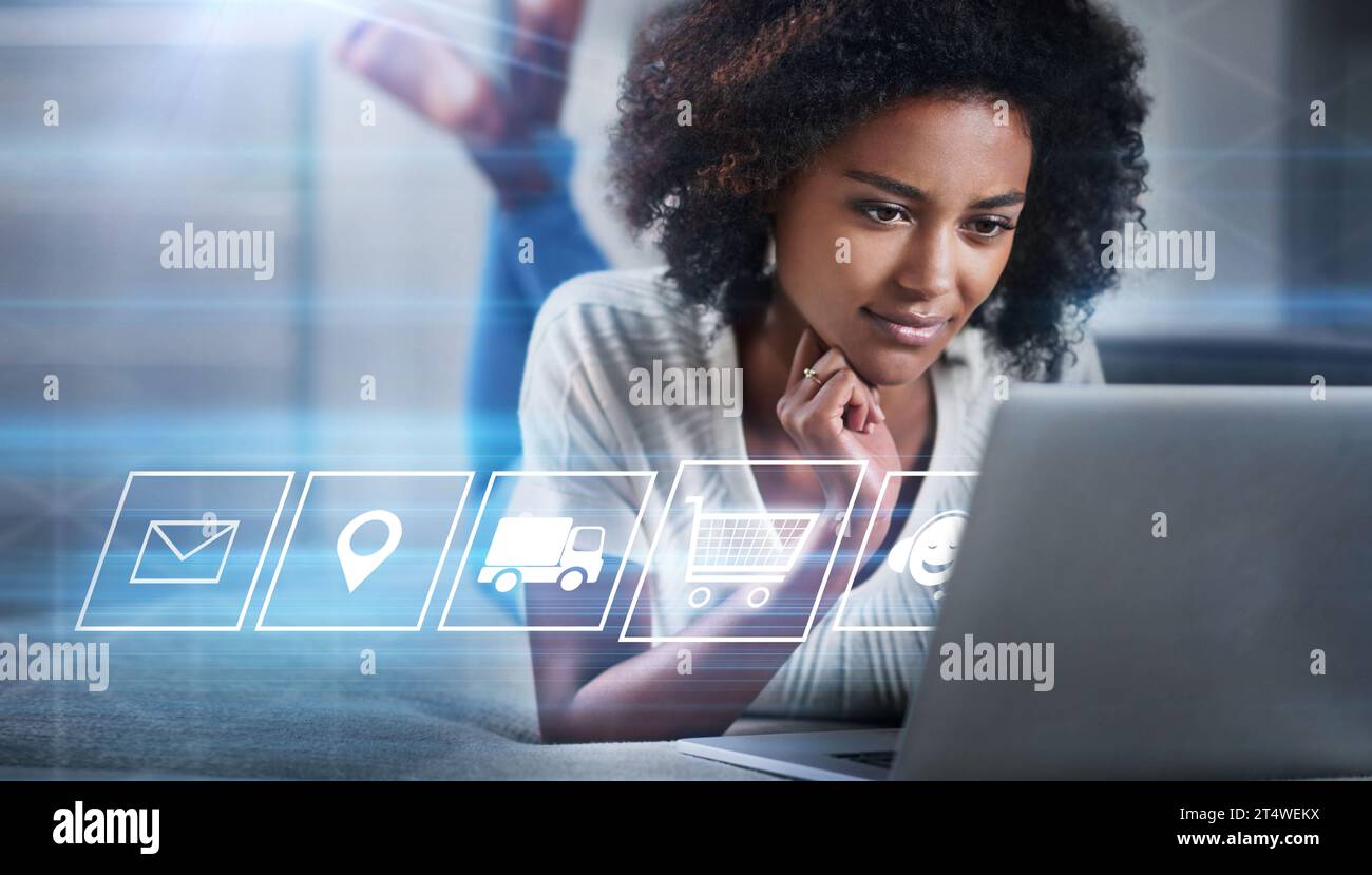 Woman, laptop and digital transformation on bed for ecommerce ...