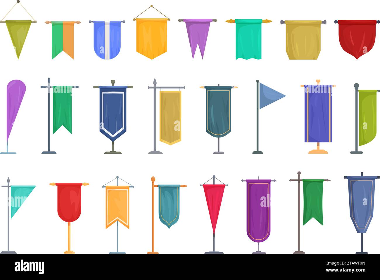 Pennon on pole icons set cartoon vector. Flag royal castle. Fabric pole ...