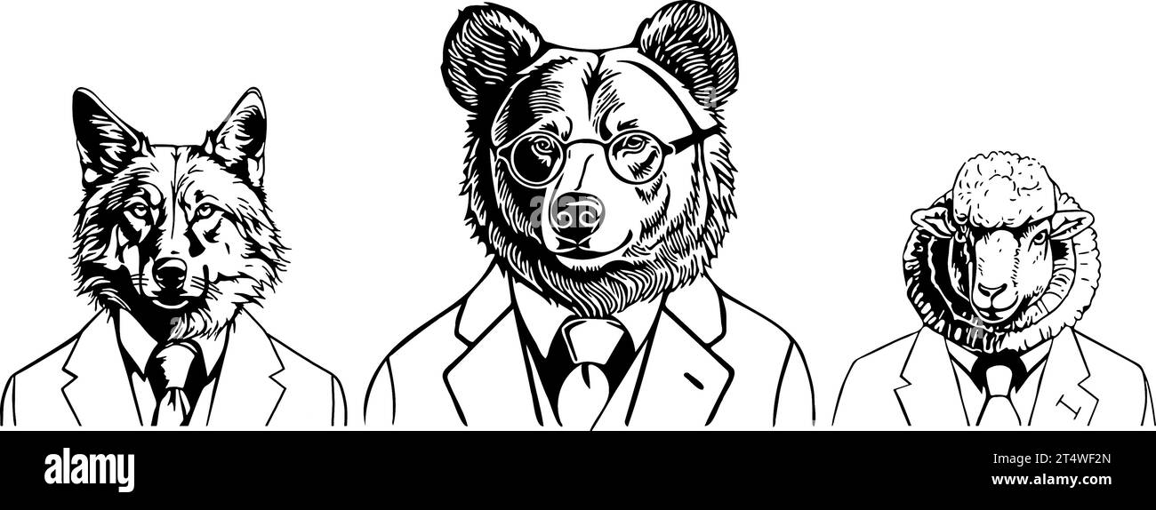 Black outer lines show different animals wearing a business suit ...
