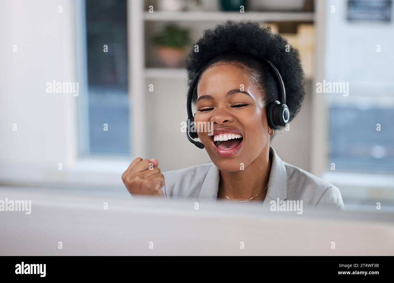 Black woman, call center and celebration for winning, sale or promotion ...