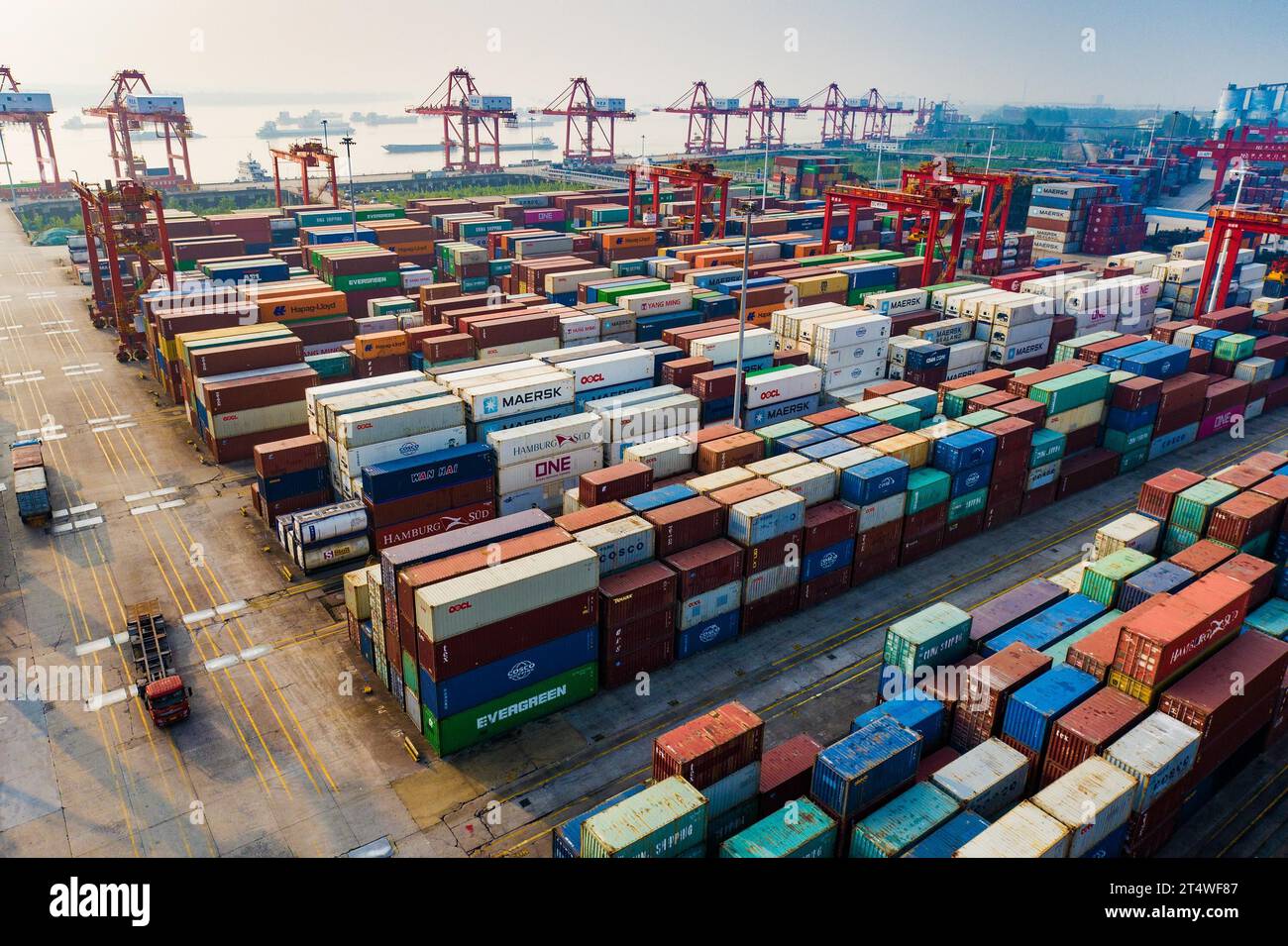 Aerial photo shows the busy Yangluo Port in Wuhan City, central China's ...