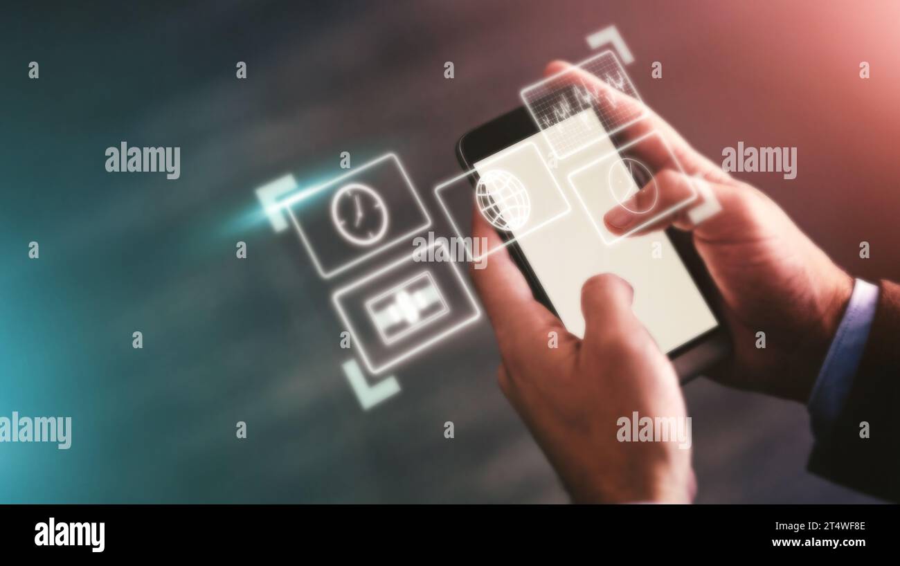 Business man, mobile app icons and technology abstract with hologram ...