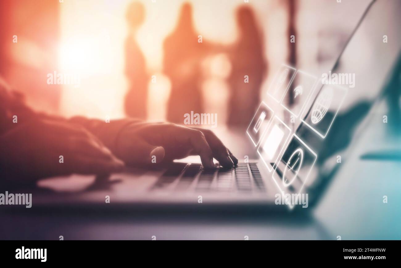 Computer data overlay, app hologram and man hands typing for office ...