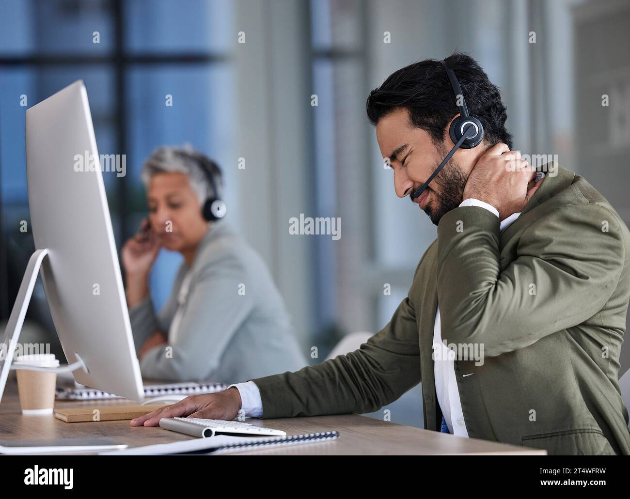 Neck pain, call center stress and man with fatigue, burnout and medical ...