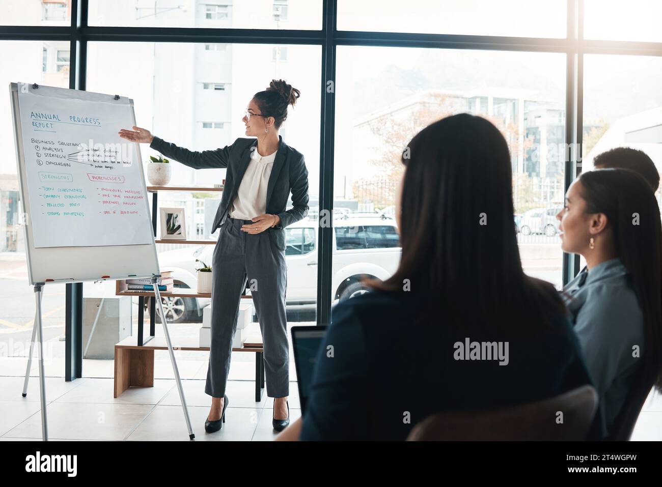 Business woman, coaching and whiteboard in presentation idea or ...