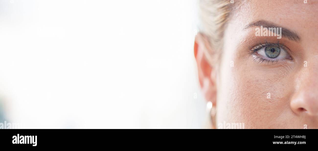 Portrait, mockup and blue eye of business woman for focus, space and ...