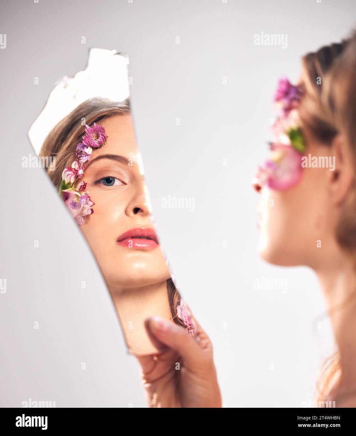 Beauty, reflection and portrait of a woman with a broken mirror for an ...
