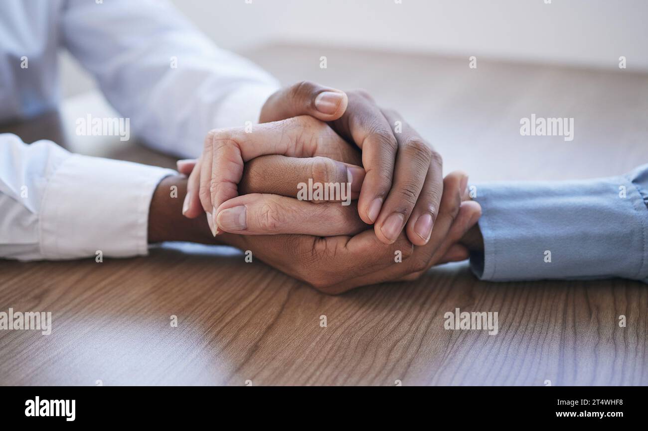 Closeup, holding hands and people with support, partnership and ...