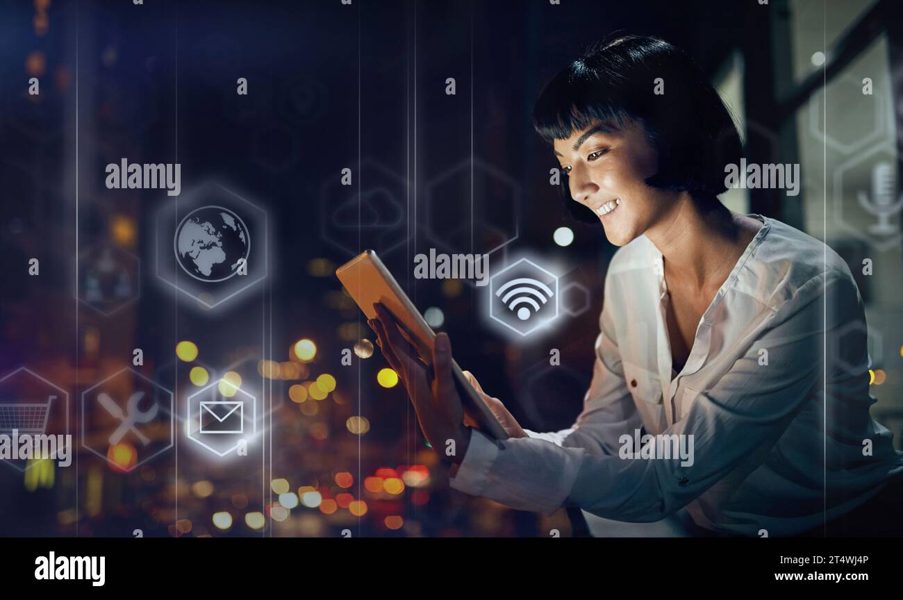 Woman, tablet and digital transformation in the night city for ...