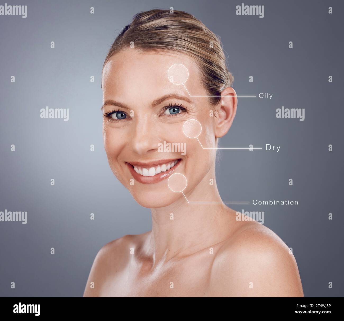 Beauty label, skincare and portrait of woman on gray background for ...