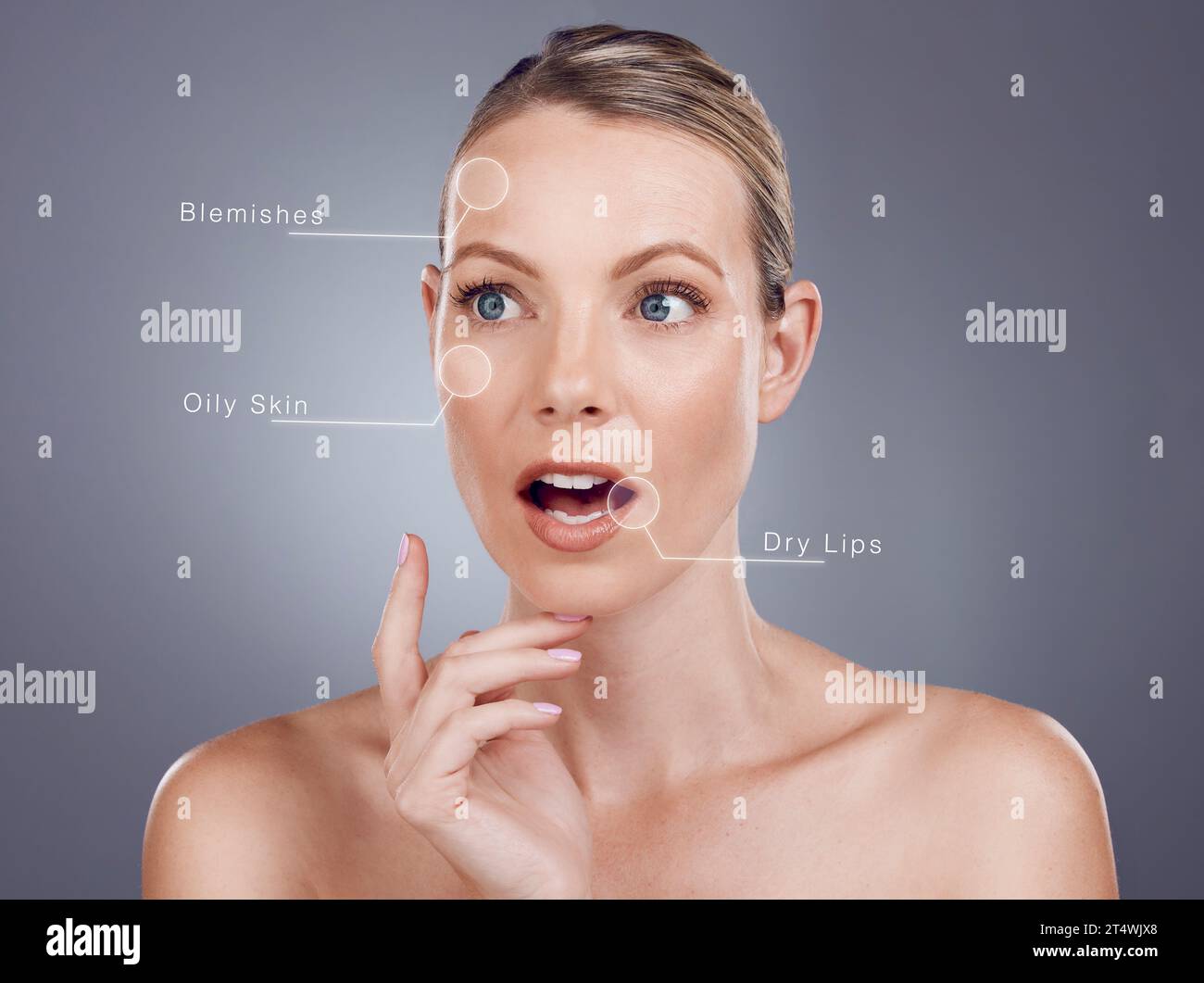 Woman, studio and skincare with hologram for wellness, cosmetic beauty ...
