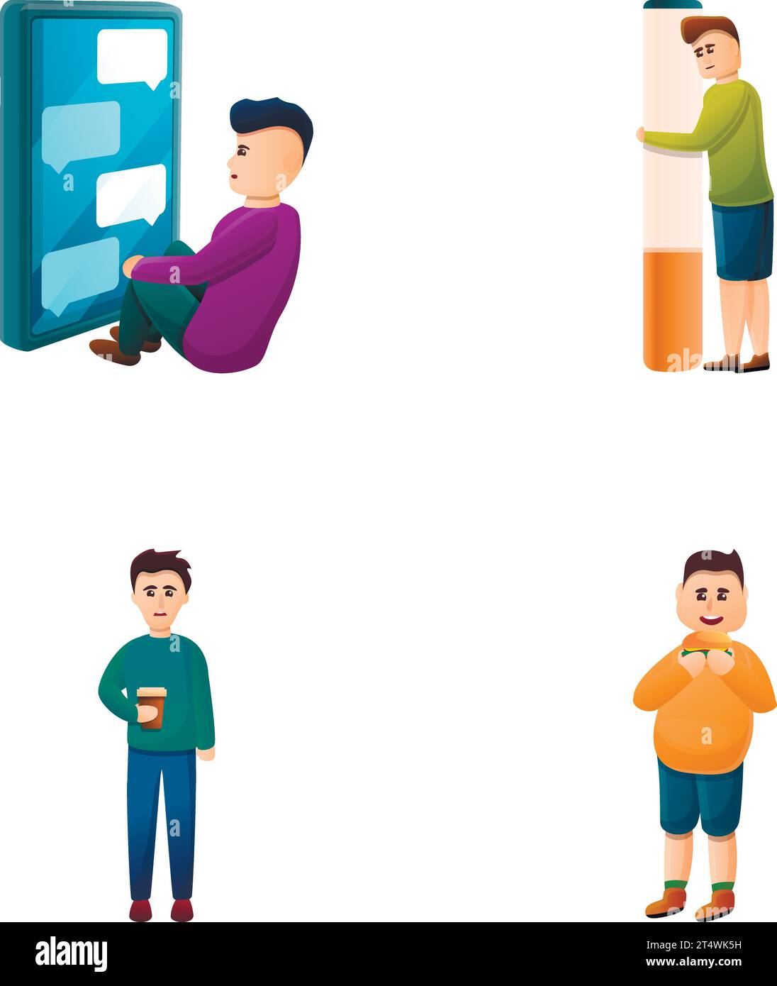 Various addiction icons set cartoon vector. Alcohol, tobacco, fast food ...