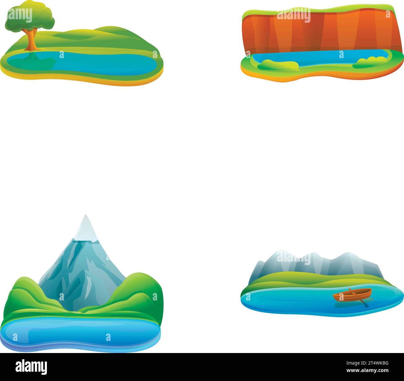 Lake icons set cartoon vector. Various beautiful lake. Natural ...
