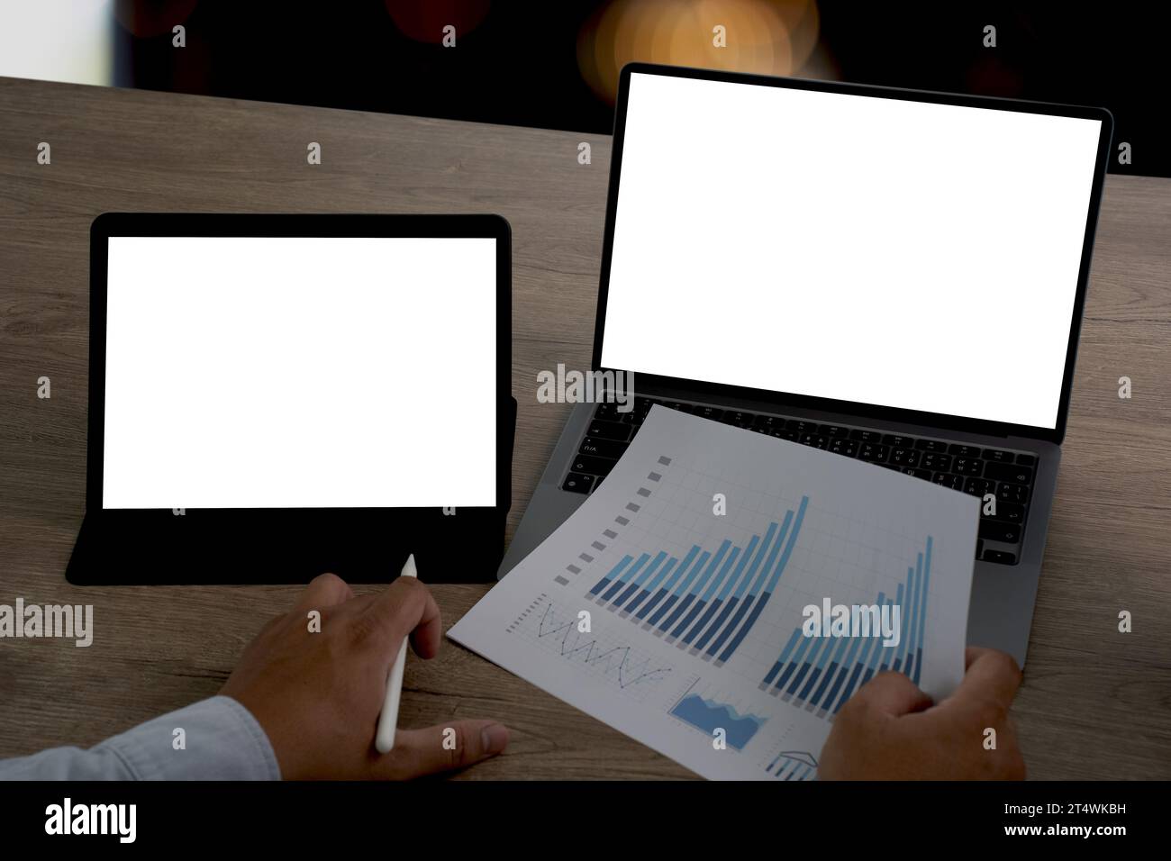 Businessman using a desktop compute mock up Using laptop with blank ...