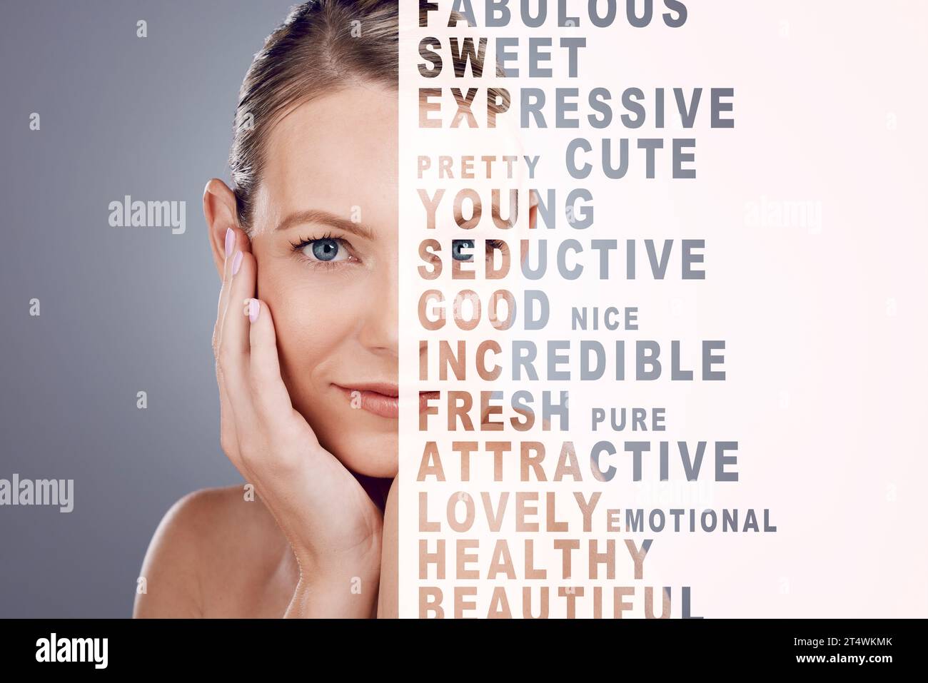 Beauty, words and portrait or face of woman with skincare, self care ...