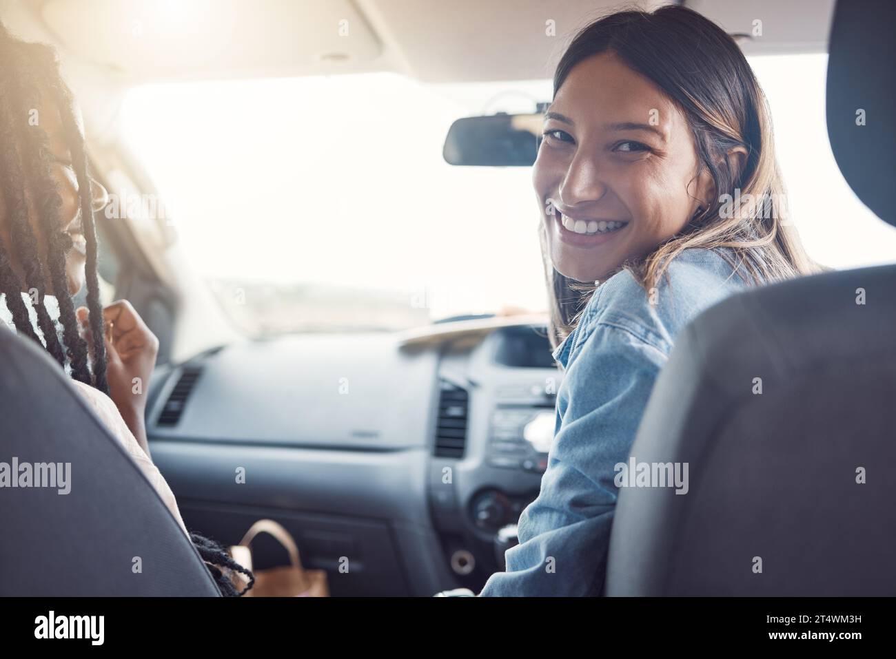 Car road trip, happy portrait and woman relax on travel adventure for ...