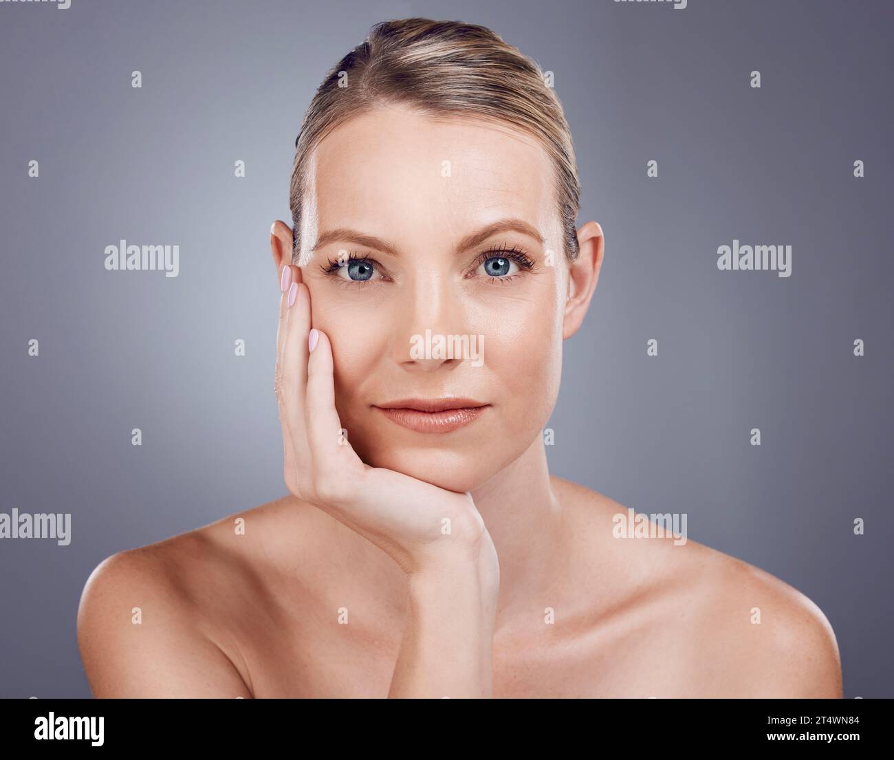 Beauty, face and woman in portrait, skin with hand and facial ...