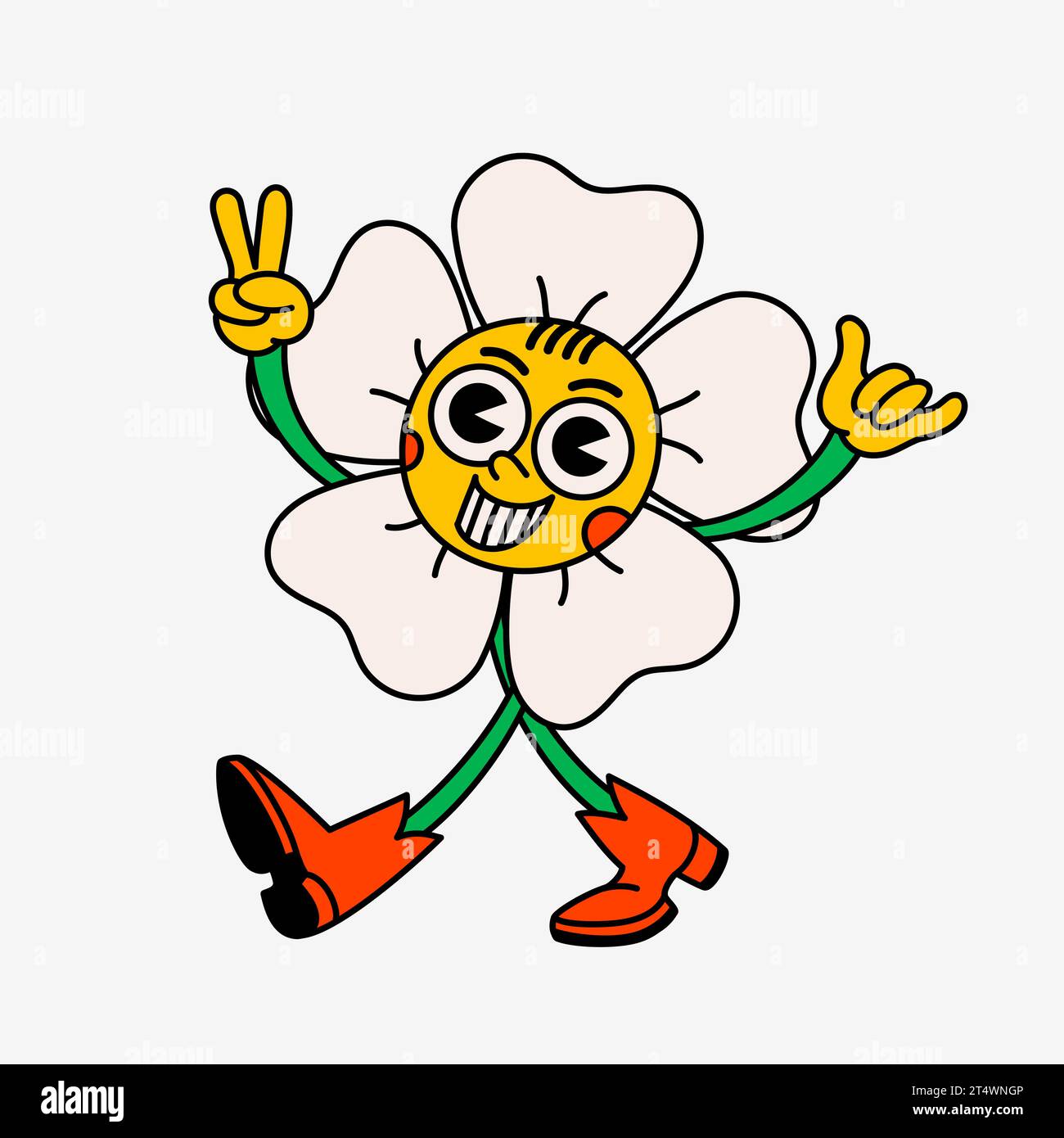 Retro style cartoon daisy character with a cheerful expression. Groovy vintage 70s flower ...