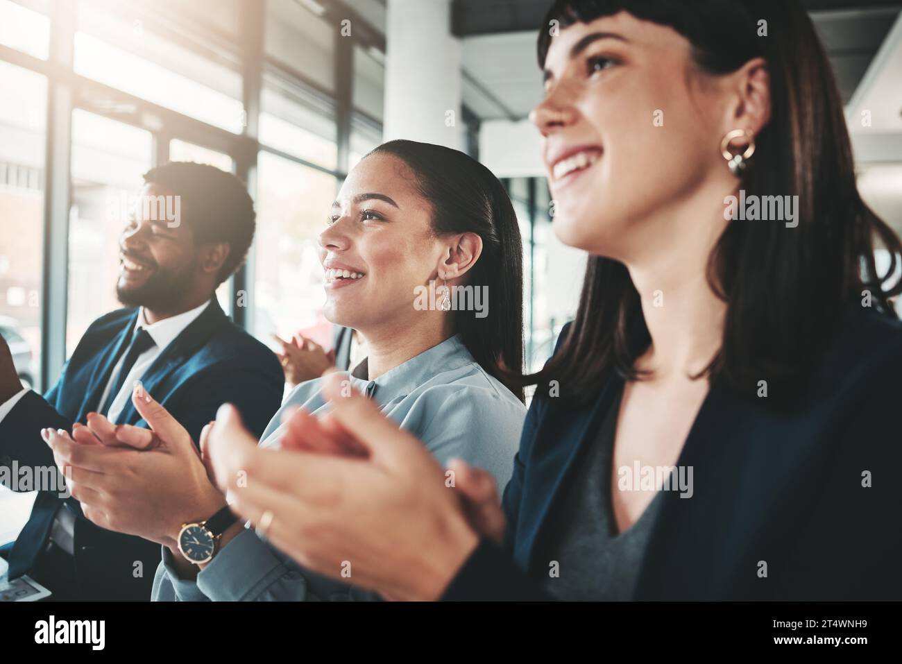 Workshop, applause and business people in meeting, conference or seminar in office. Celebration ...