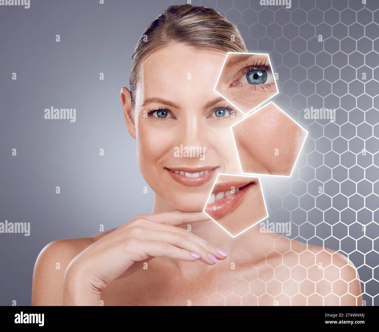 Woman, portrait and skin wellness with hologram in studio, cosmetic ...