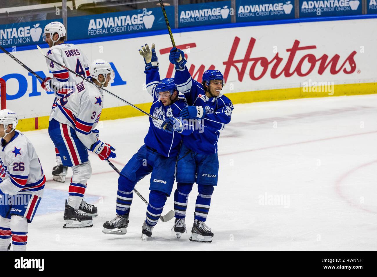 Rochester, New York, USA. 1st Nov, 2023. Syracuse Crunch forwards ...