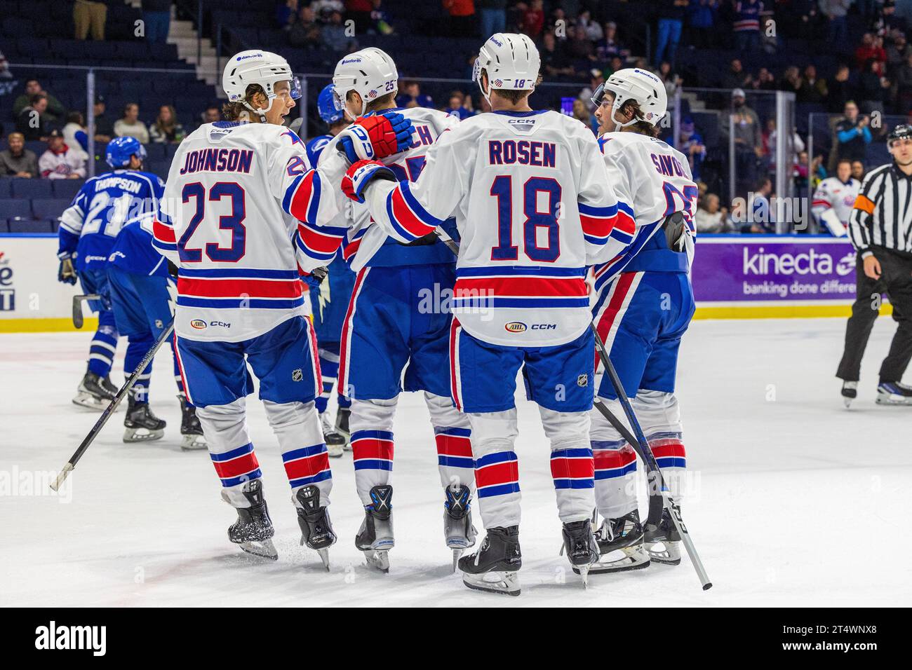 Rochester, New York, USA. 1st Nov, 2023. Rochester Americans players celebrate a goal in the ...
